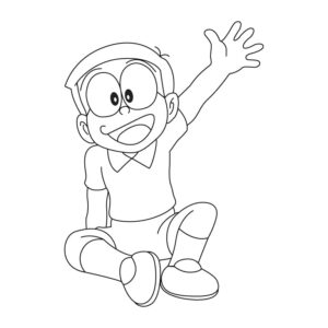 Nobita Waving Coloring Page and Tracing Page